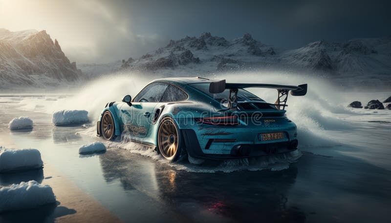 The Car on the Ice of the Frozen Lake. Generative AI Stock Illustration ...