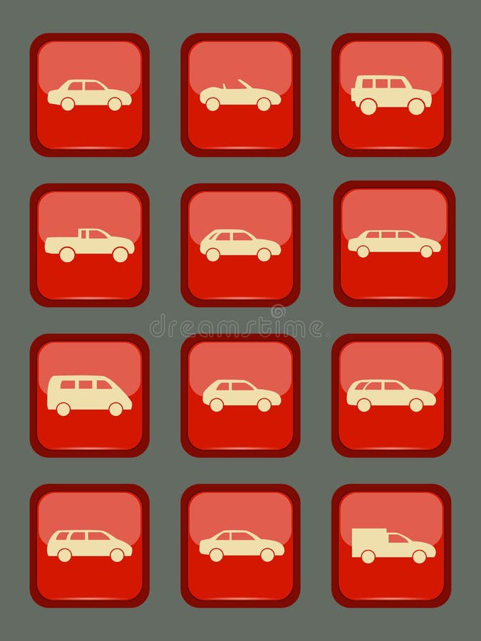 Car Icons Set on a Red Button Stock Vector - Illustration of button ...