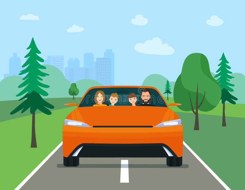 Family Driving in Modern Electric Car on Weekend Holiday. Stock Vector ...