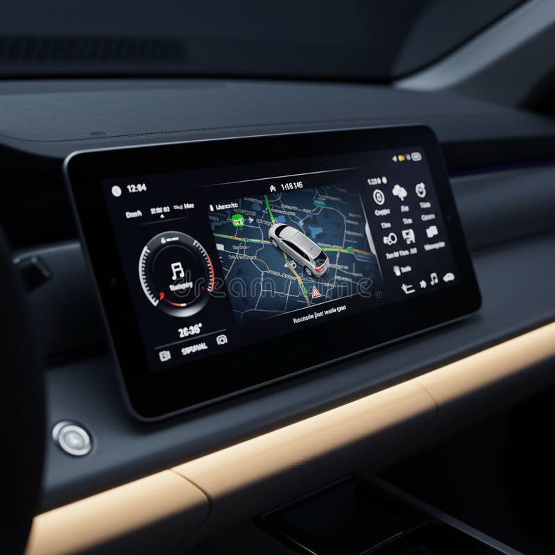 In-car Infotainment Display Showcases a Digital Map with Navigation in ...