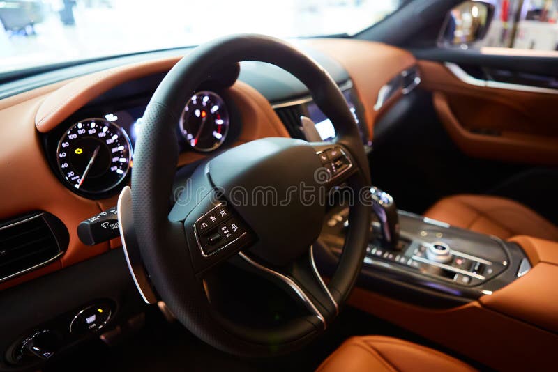 Car Inside Driver Place. Interior of Prestige Modern Car. Steering ...