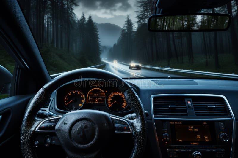Car from the Inside, View of the Steering Wheel, Car Window, Car Panel ...
