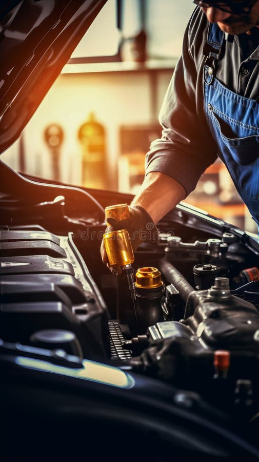 Car Inspection and Maintenance Concept. a Man in a Robe Checks the Car ...