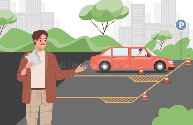 Driving School Vector Flat Illustration. Car Instructor and Student Sit ...