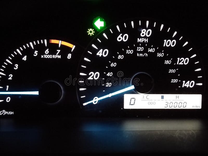 Car Instrument Panel (30000miles). Illuminated in the Night. Stock ...