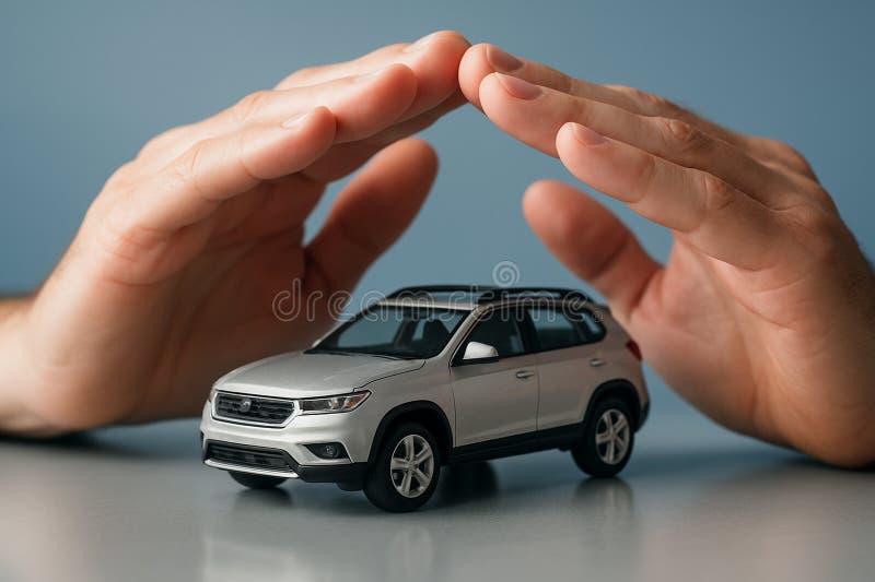 Car Insurance Concept â€ Hands Protecting Silver SUV on Reflective ...