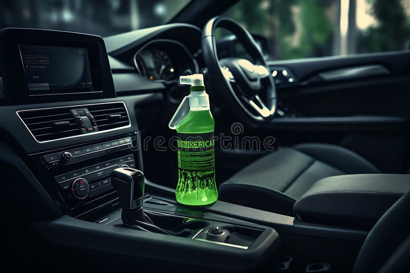 Car Interior with Black Leather Seats and a Bottle of Alcohol Spray ...