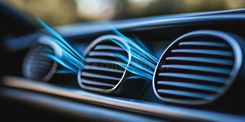 Car Interior Close Up, Air Vents with Blue Air Flow, Blurred Background ...