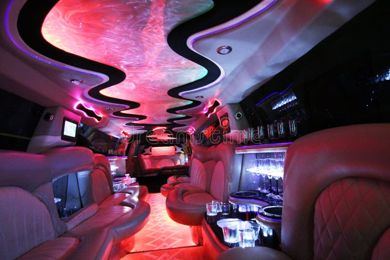 Car Interior with Comfortable Sofas, Bar and Lights Stock Photo - Image ...