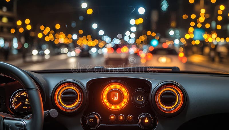 Car Interior Dashboard with Glowing Warning Light, Night City Driving ...