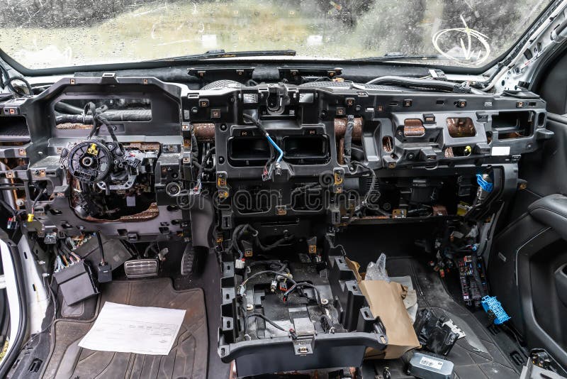 Car Interior without Dashboard, Repair after an Accident Stock Image ...