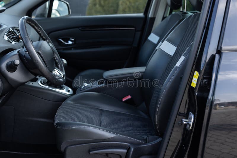 Modern Luxury Car Interior - Steering Wheel, Shift Lever and Dashboard ...