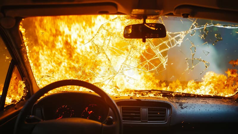 A Car with a Broken Windshield on Fire in the Background Stock Image ...