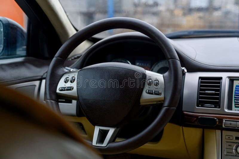 Modern Car Interior with Black Steering Wheel, Digital Instrument Panel ...