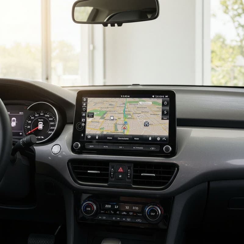Car Interior Showcasing a Digital Navigation System on a Central ...