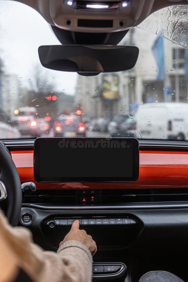 Car Interior Showcasing a Vibrant Red Dashboard and Touchscreen Display ...