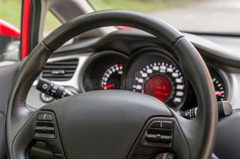 Car Interior with Steering Wheel and Dashboard Stock Photo - Image of ...