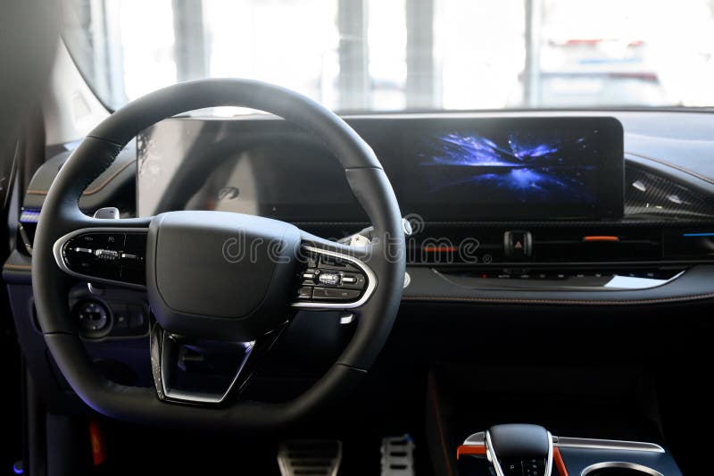 Car Interior - Steering Wheel, Shift Lever and Dashboard. Car Modern ...