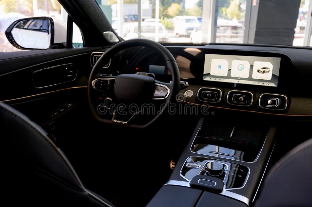 Car Interior - Steering Wheel, Shift Lever and Dashboard. Car Modern ...
