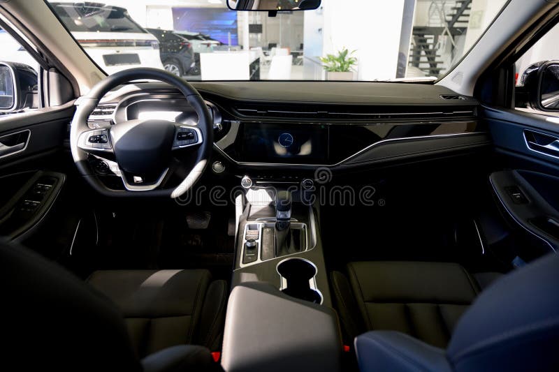 Car Interior - Steering Wheel, Shift Lever and Dashboard. Car Modern ...