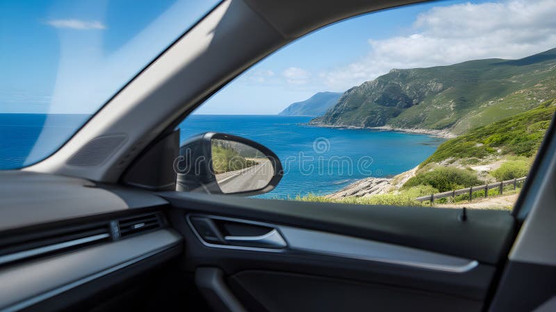 Car Interior View, Coastline Road with Clear Sky and Ocean Stretching ...