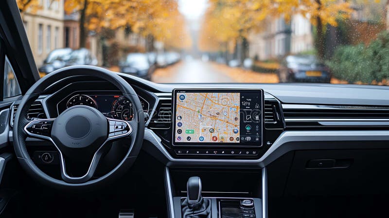 Car Interior View with a Modern Navigation Screen and Fall Scenery ...