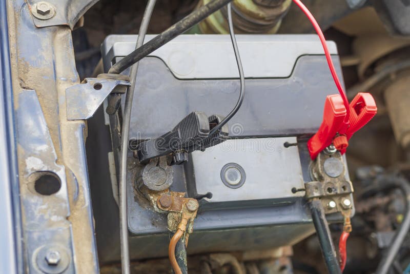 Car with Internal Combustion Engine. the Hood is Open and the Battery ...