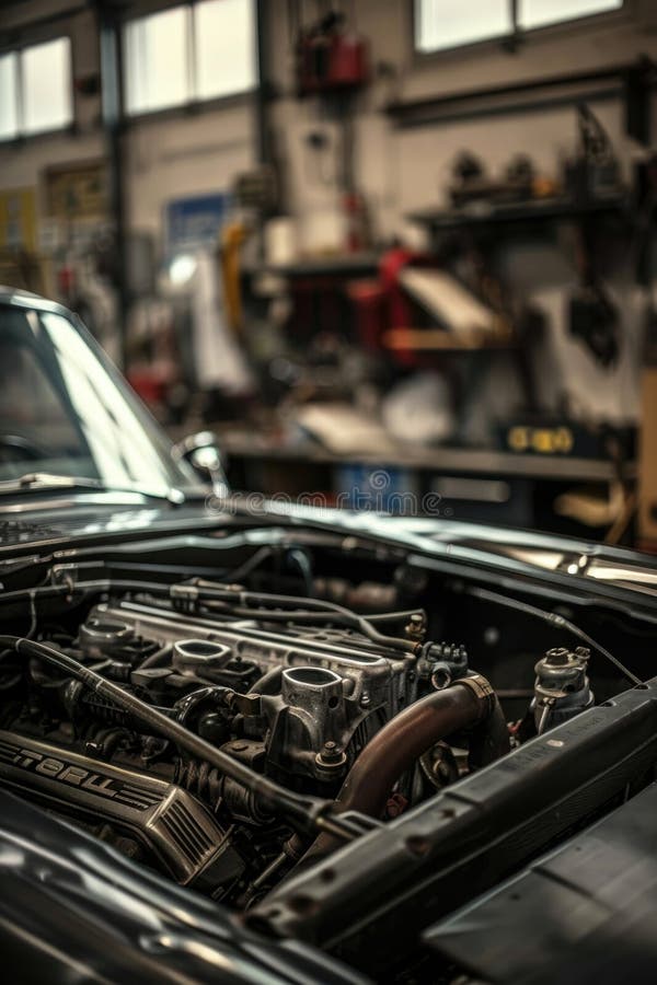 A Car with Its Engine Exposed in a Garage Stock Photo - Image of repair ...