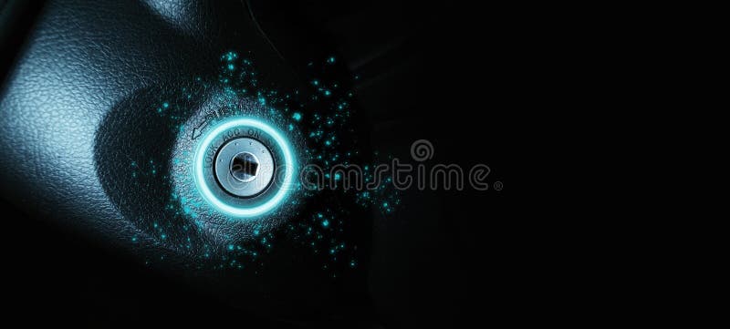 Car Key Hole for Start Ignition with a Blue Light Glow and Sparkle ...
