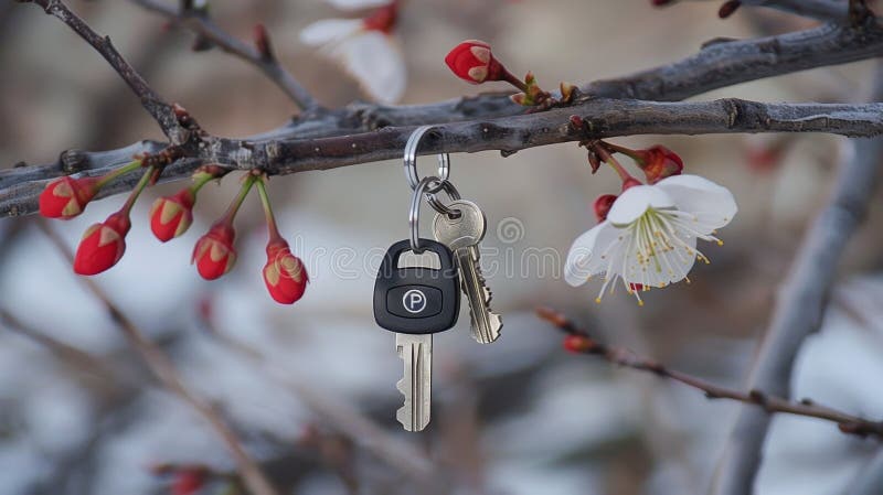 Car Keys Hanging on Cherry Blossom Branch with Red Buds Stock ...