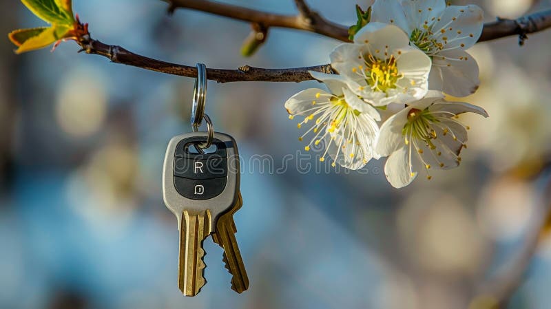 Car Keys Hanging from a Cherry Blossom Branch in Springtime Sunshine ...