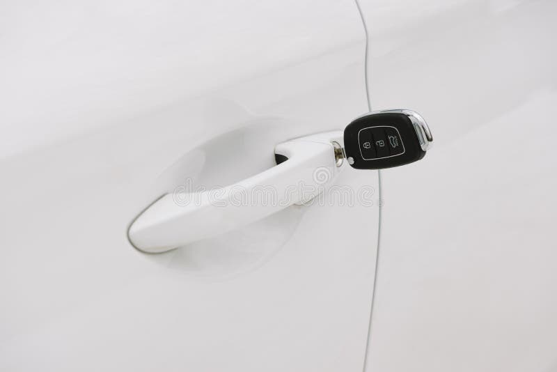 Car Keys in White Door Lock Closeup with Copy Space Stock Image - Image ...