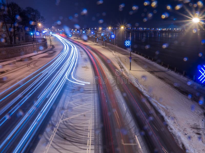 Car Light at Night on Ice Road in Snow Winter Stock Photo - Image of ...
