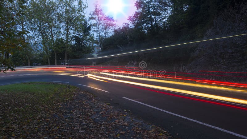 Running Car Lights at Night on the Road. Stock Photo - Image of basque ...