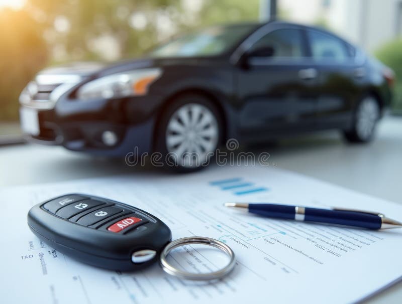 Car Loan a Car Key Fob with a Car in the Background and Documents ...