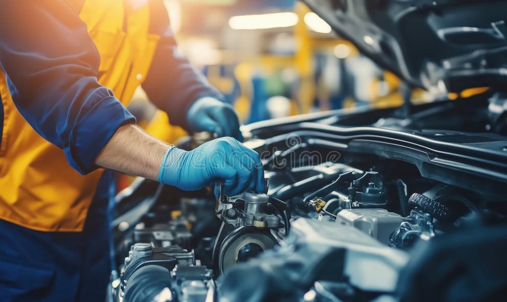 Car Maintenance Technician Working on Engine, Performing Repairs ...