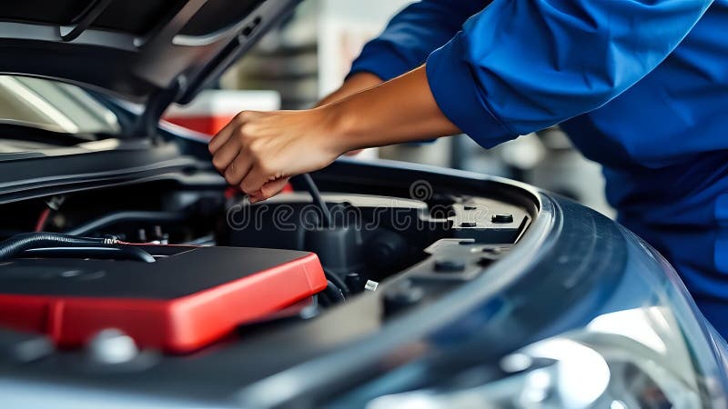 Car Maintenance: Technician Working Under the Hood Stock Image - Image ...
