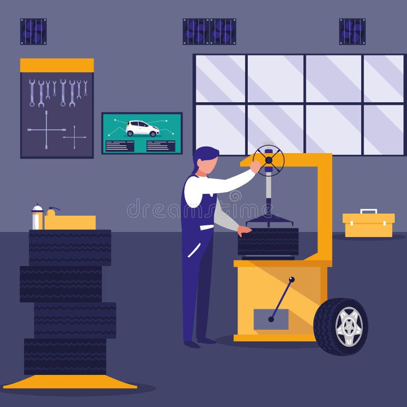 Car in Maintenance Workshop with Mechanic Working Stock Vector ...