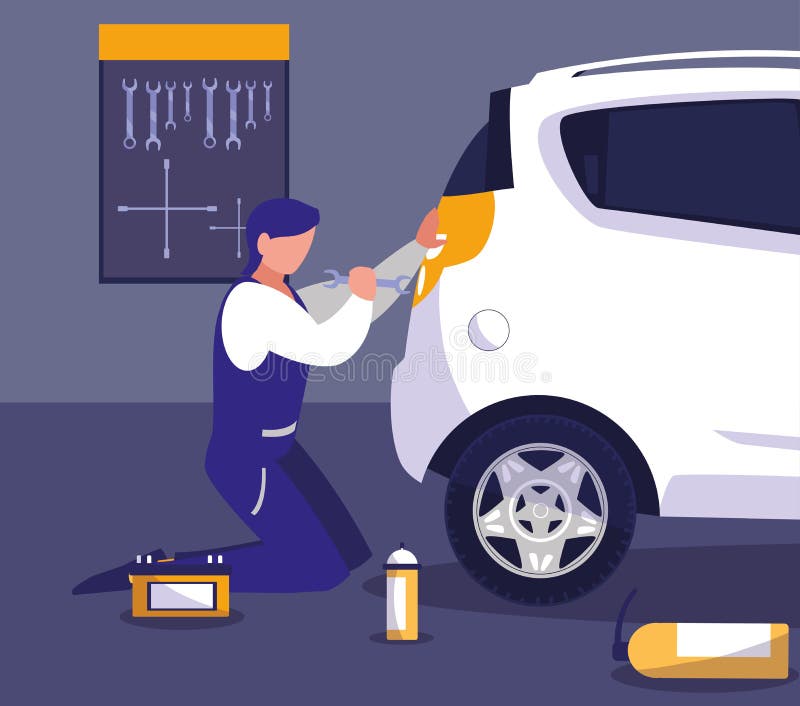 Car in Maintenance Workshop with Mechanic Working Stock Vector ...