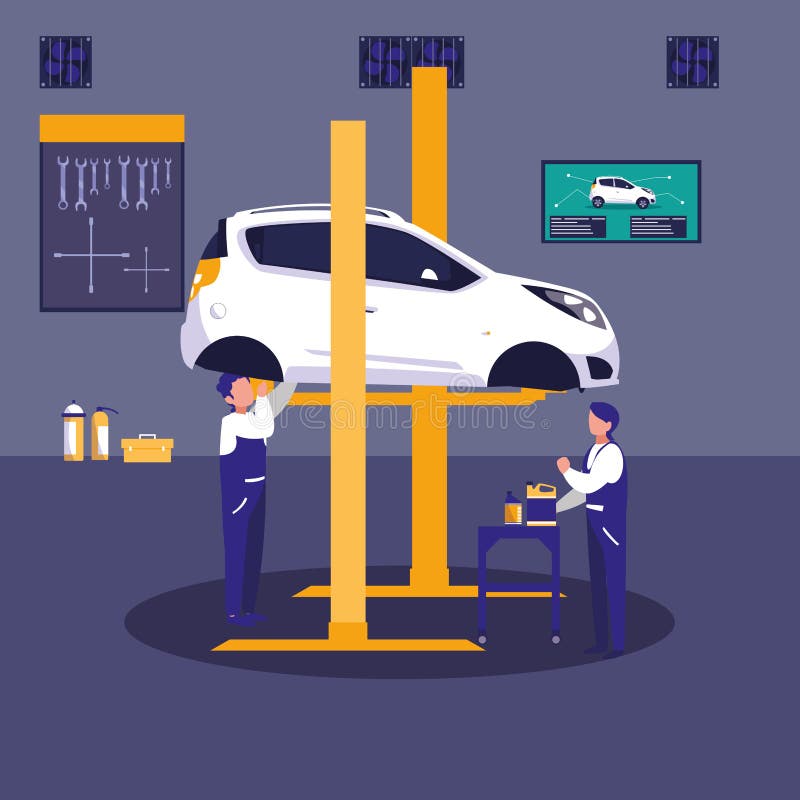 Car in Maintenance Workshop with Mechanics Team Stock Vector ...