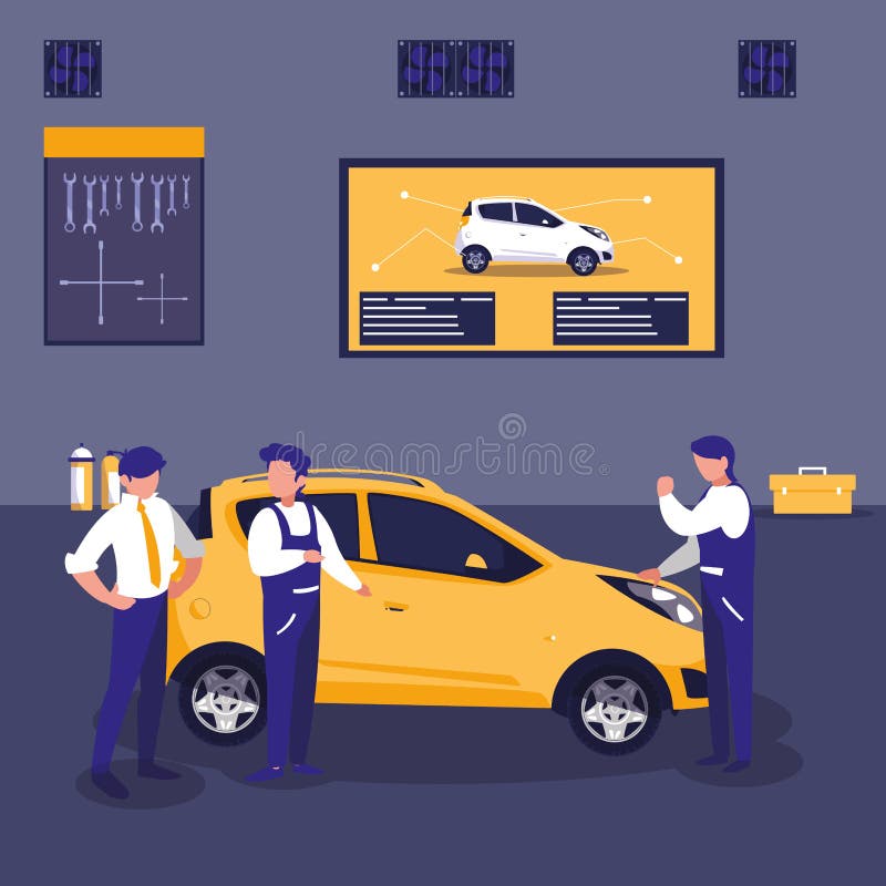 Car in Maintenance Workshop with Mechanics Team Stock Vector ...
