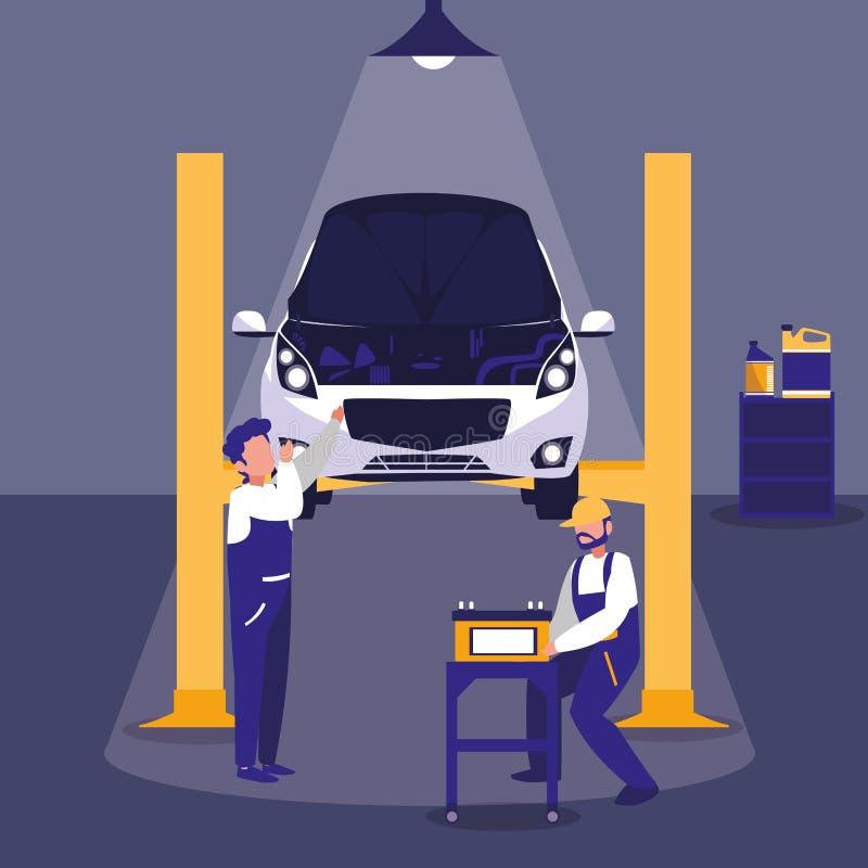 Car in Maintenance Workshop with Mechanics Team Stock Vector ...