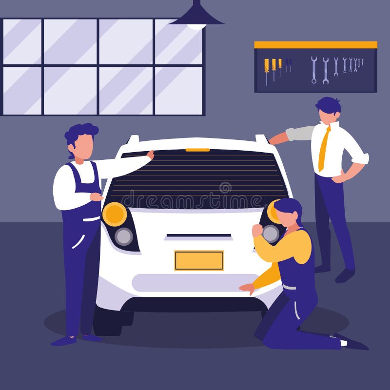 Car in Maintenance Workshop with Mechanics Team Stock Vector ...