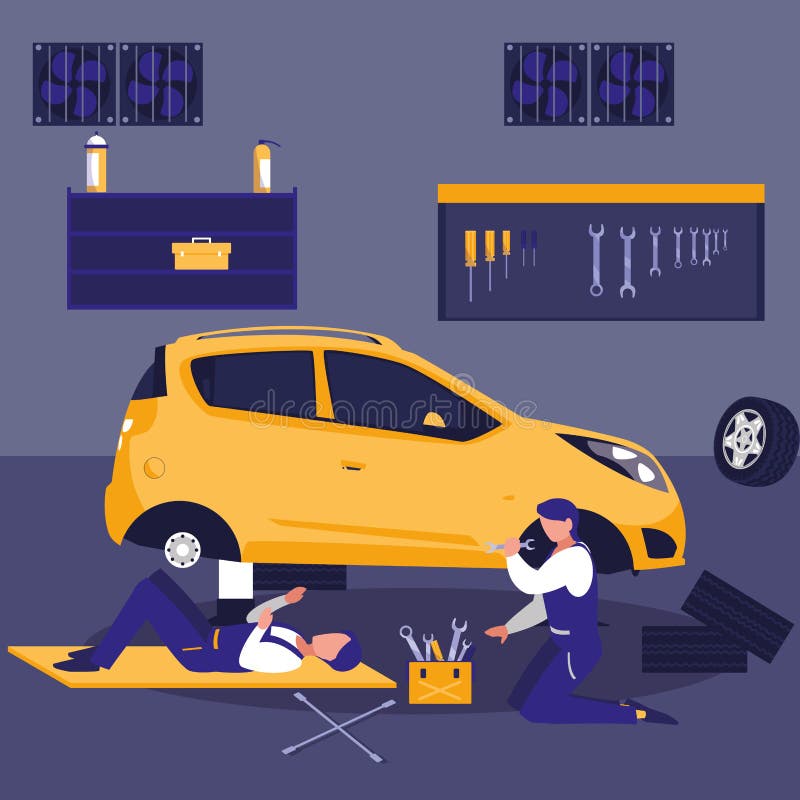 Car in Maintenance Workshop with Mechanics Team Stock Vector ...
