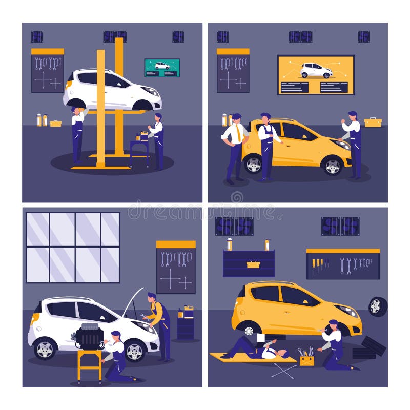 Car in Maintenance Workshop with Mechanics Team Stock Vector ...