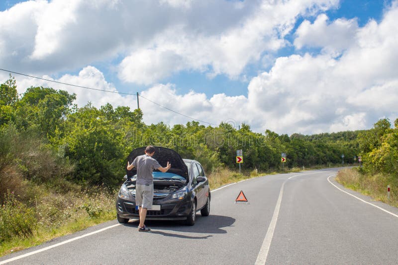 Car Malfunction on Countryside. Car Waiting for Help on the Road. Car ...