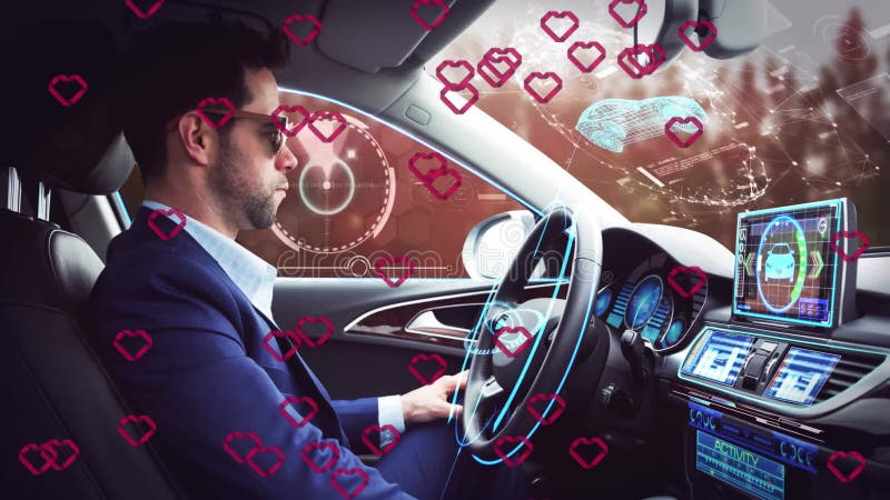 In Car, Man Using Digital Interface with Heart Icons on Dashboard ...