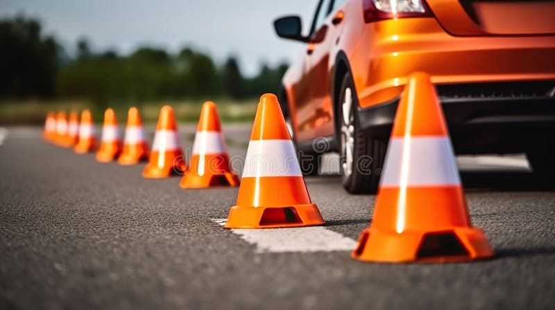 Car Maneuvers Amidst Traffic Cones at Driving School. Generative AI ...