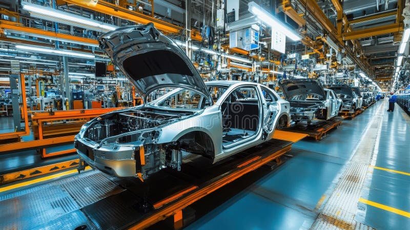 A Car Manufacturing Facility with Vehicles in Various Assembly Stages ...