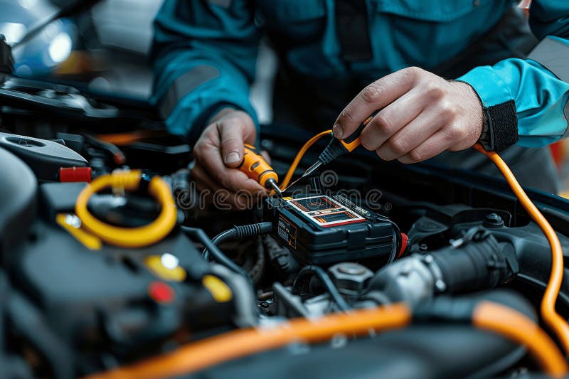 Car Mechanic Checking Battery and Electrical System with Test Equipment ...
